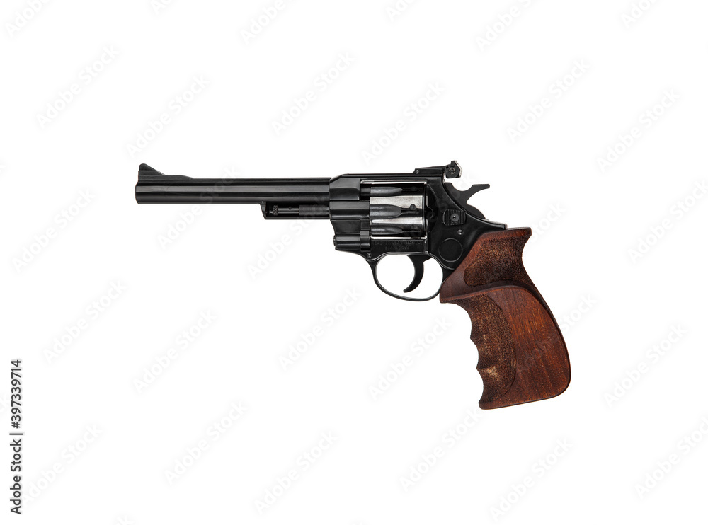 Black pistol revolver with brown wooden grip isolate on a white back ...