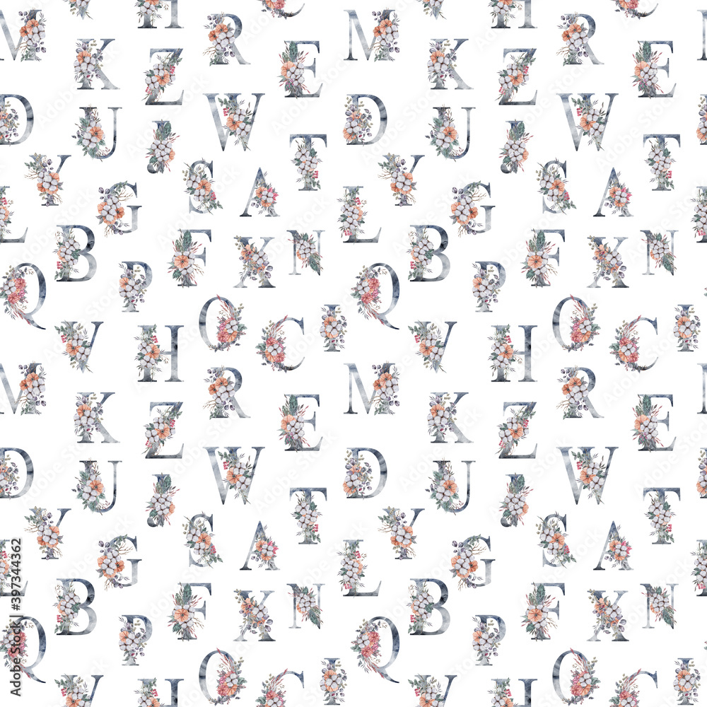 Watercolor floral alphabet seamless pattern, digital paper. Winter ...