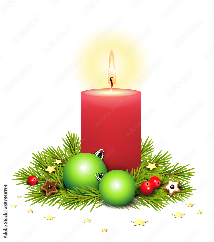 Vetor de Rote Weihnachtskerze mit Gesteck, Advent Karte mit brennende ...