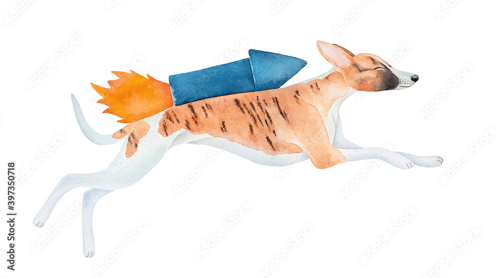 Watercolor illustration of cute flying dog with blue rocket and bright ...