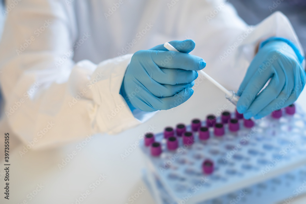 Process of coronavirus testing examination by nurse medic in laboratory ...