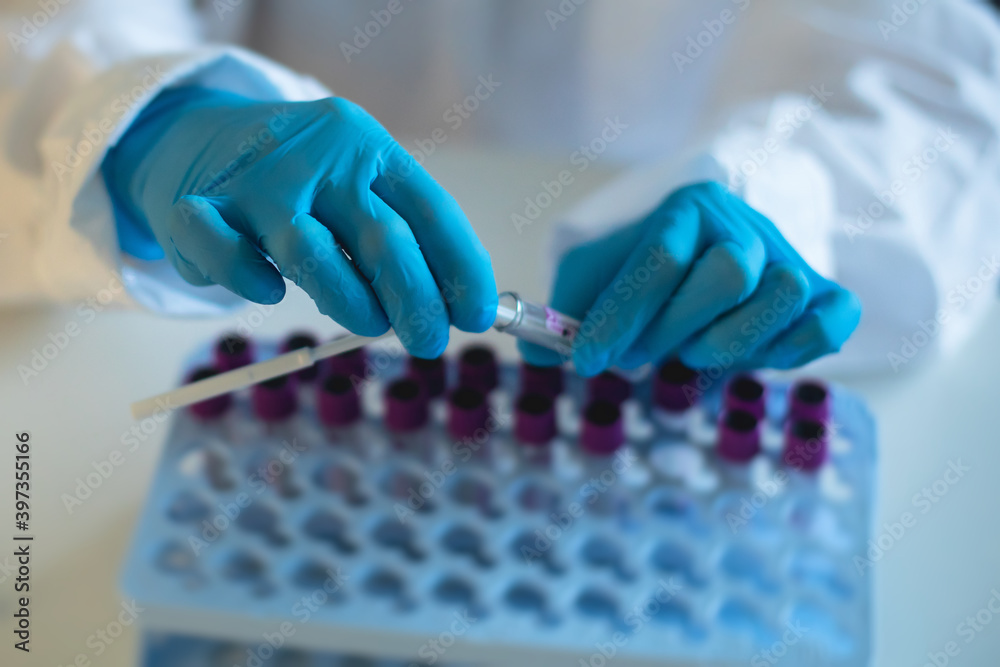 Process of coronavirus testing examination by nurse medic in laboratory ...