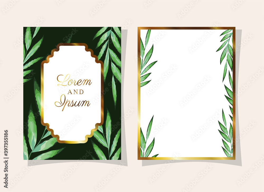leaves invitation of black color with green leaves on a beige ...