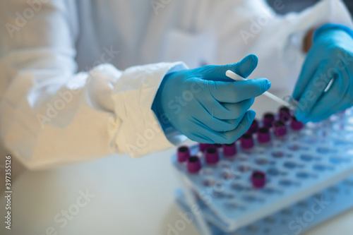 Process of coronavirus testing examination by nurse medic in laboratory ...