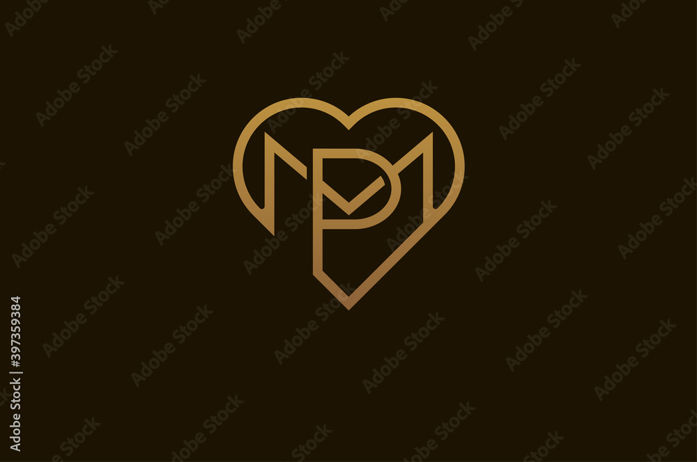 Abstract initials M and P logo, gold colour line style heart and letter ...