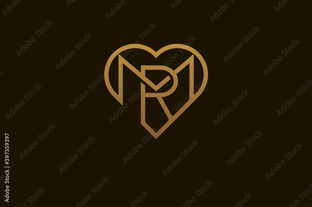 Abstract initials M and R logo, gold colour line style heart and letter ...