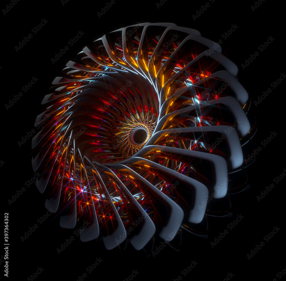 3d render of abstract art with surreal dark turbine jet engine with ...