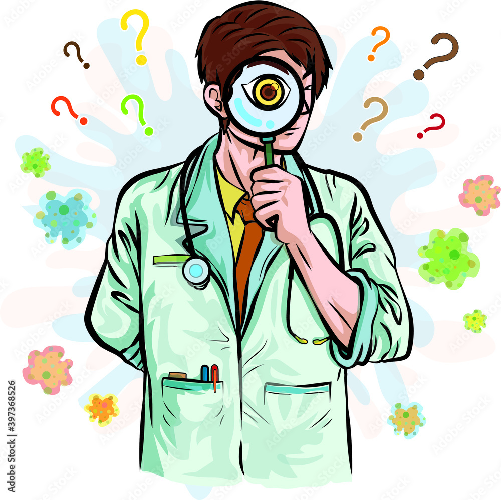Doctor is check the symptoms with the magnifying glass cartoon vector ...