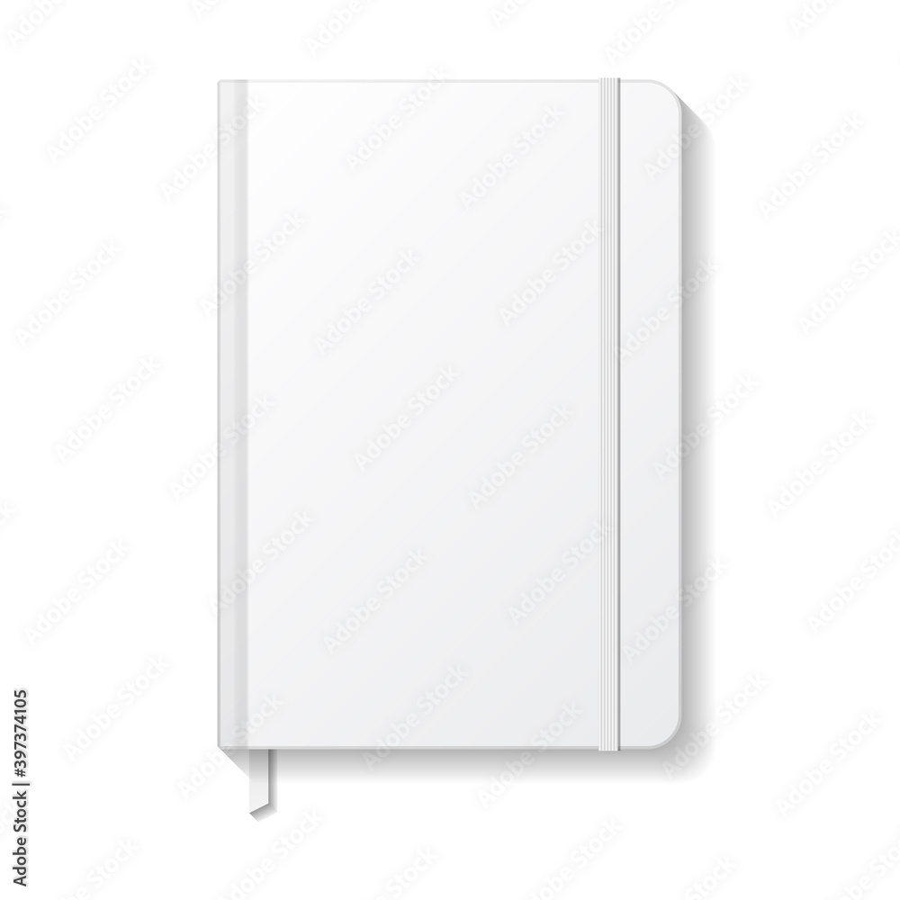 Blank white notebook with white elastic and ribbon bookmark mockup ...