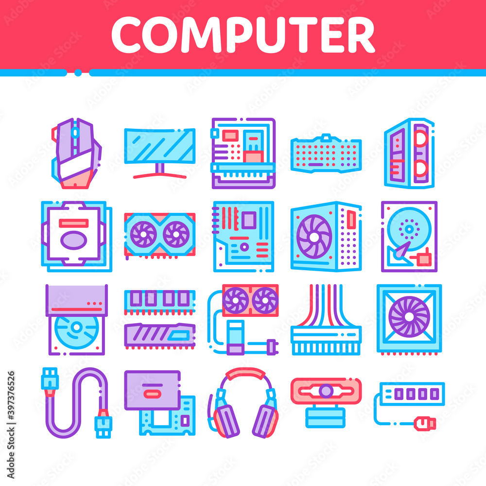Computer Technology Collection Icons Set Vector. Computer Mouse And ...