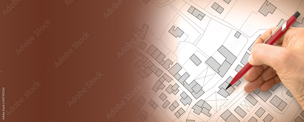 Imaginary cadastral map of territory with buildings, roads and land ...