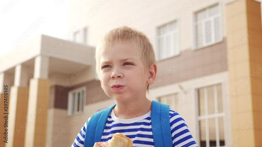schoolboy eating a sandwich during recess in school. kids education ...