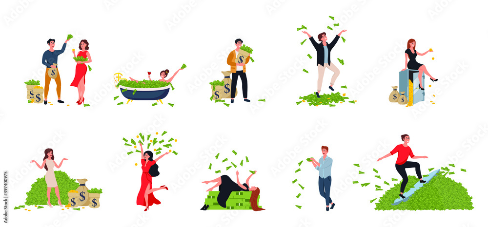 Rich people flat vector illustrations set. Financial success, lottery ...