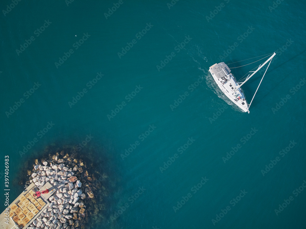 Aerial top view from drone of lagoon marine with yacht. Stock Photo ...