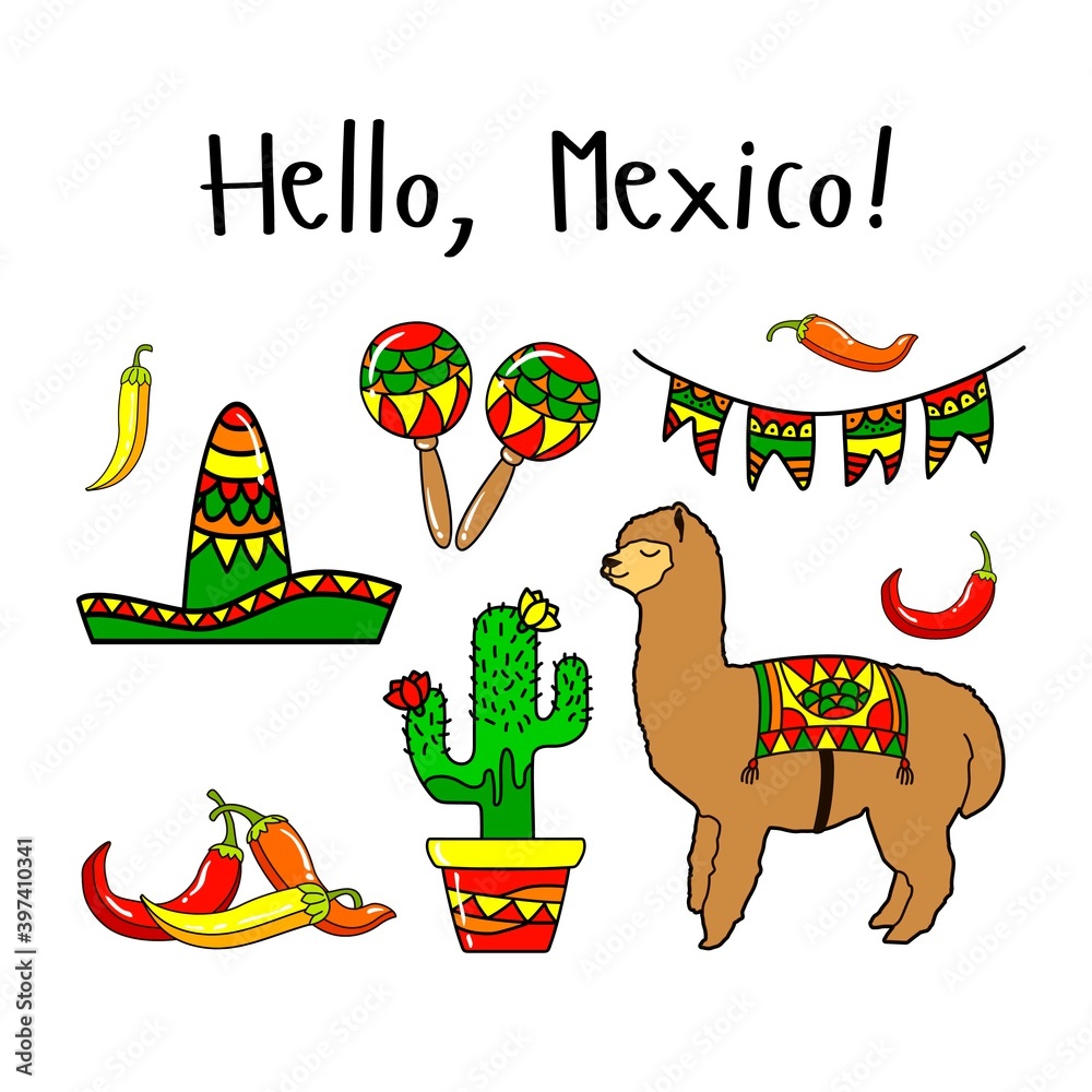 Vektorová grafika „Hello, Mexico. Mexico icons carnival holidays vector ...