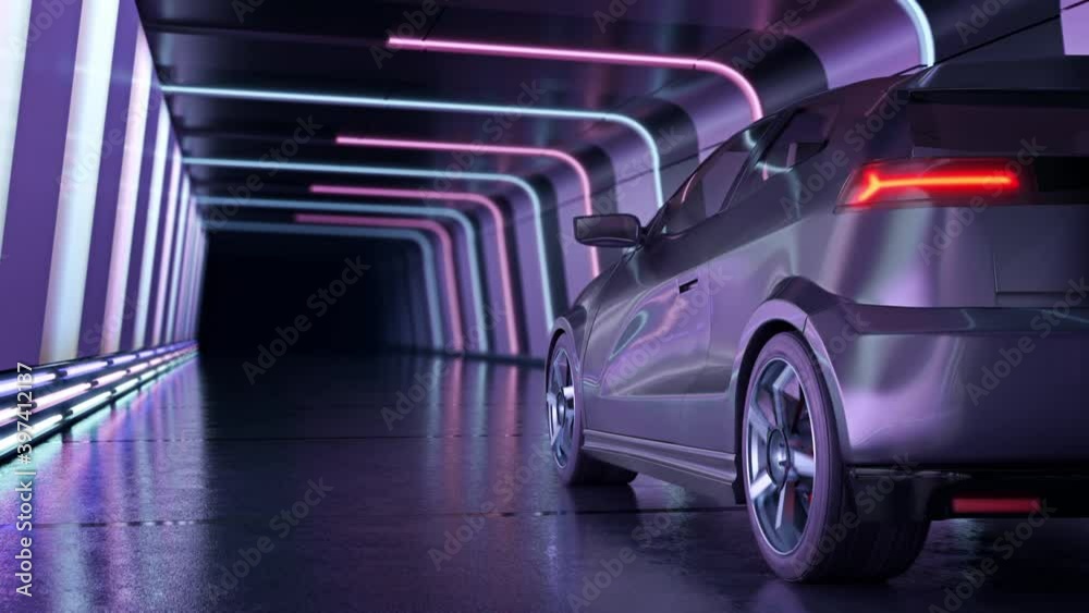 A silver car drives down the sci-fi neon tunnel. Futuristic cyberpunk ...
