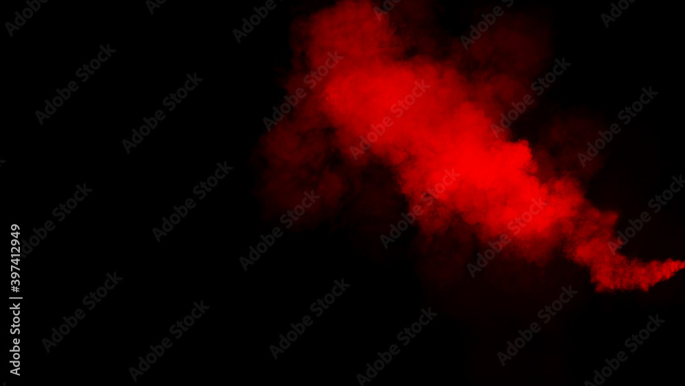 Explosion chemistry red smoke bomb on isolated background. Freezing dry ...