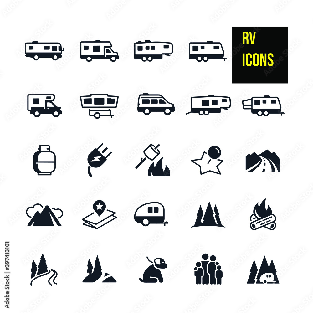 RV Icons stock illustration. Motorhomes, a travel trailer, fifth wheel ...