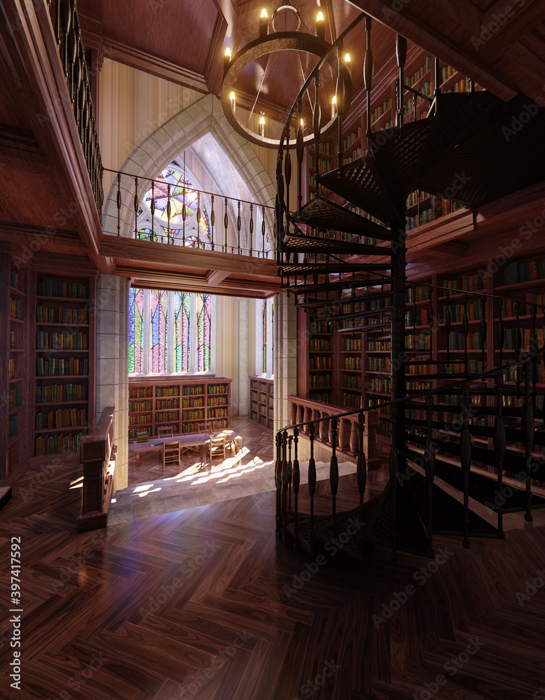 A gothic fantasy library with big table, chairs and bookshelves filled ...