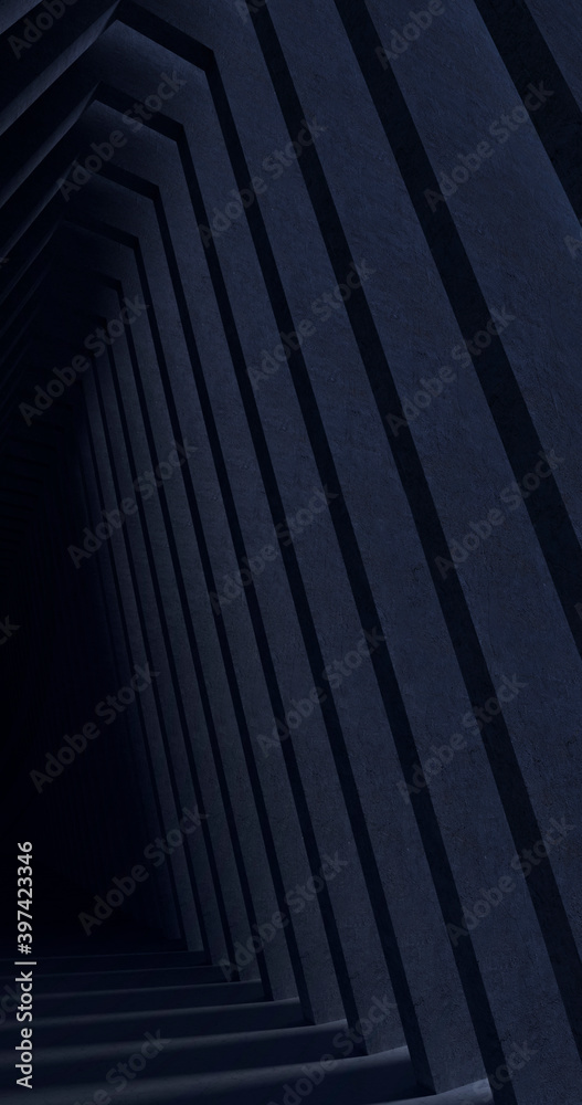 Dark architectural sci fi interior background render. Hall with wall of ...
