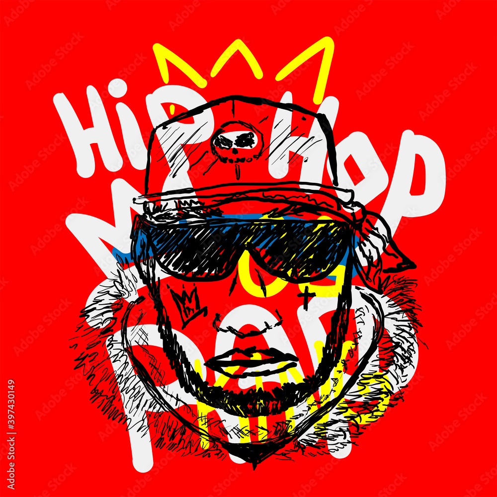 Sketch of rapper head against the background with crown and text Rap ...