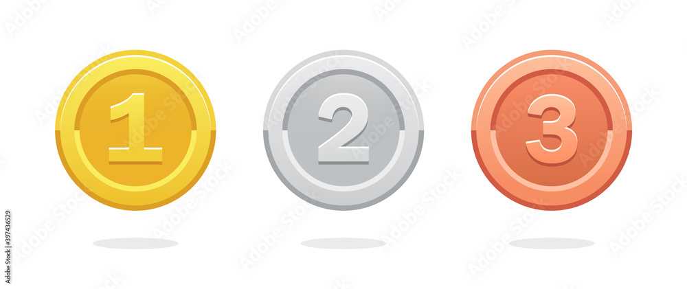 First place. Second place. Third place. Golden medal. Coin icon. Vector ...