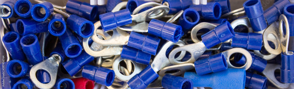 flat lay of electrical terminals assortment kit arranged in plastic box ...