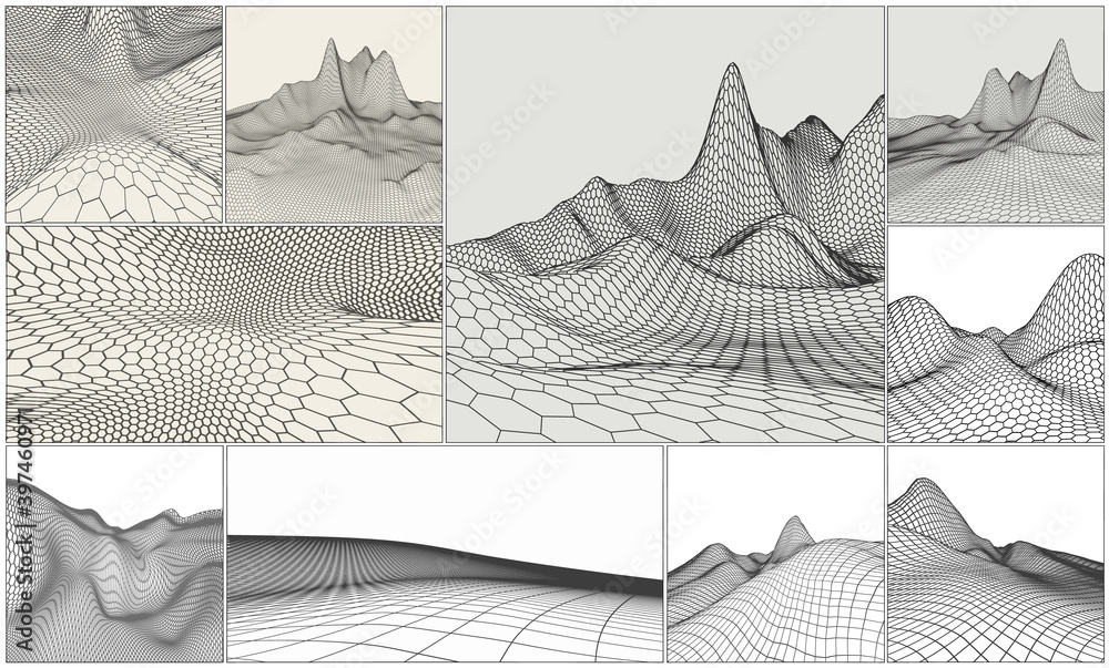 Wireframe landscape backgrounds set. EPS 10 Vector illustration ...
