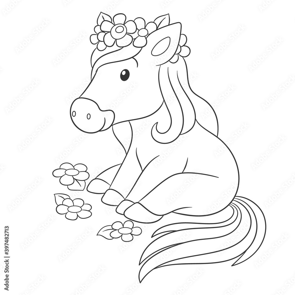 Coloring book page for kids with cute cartoon horse among flowers ...