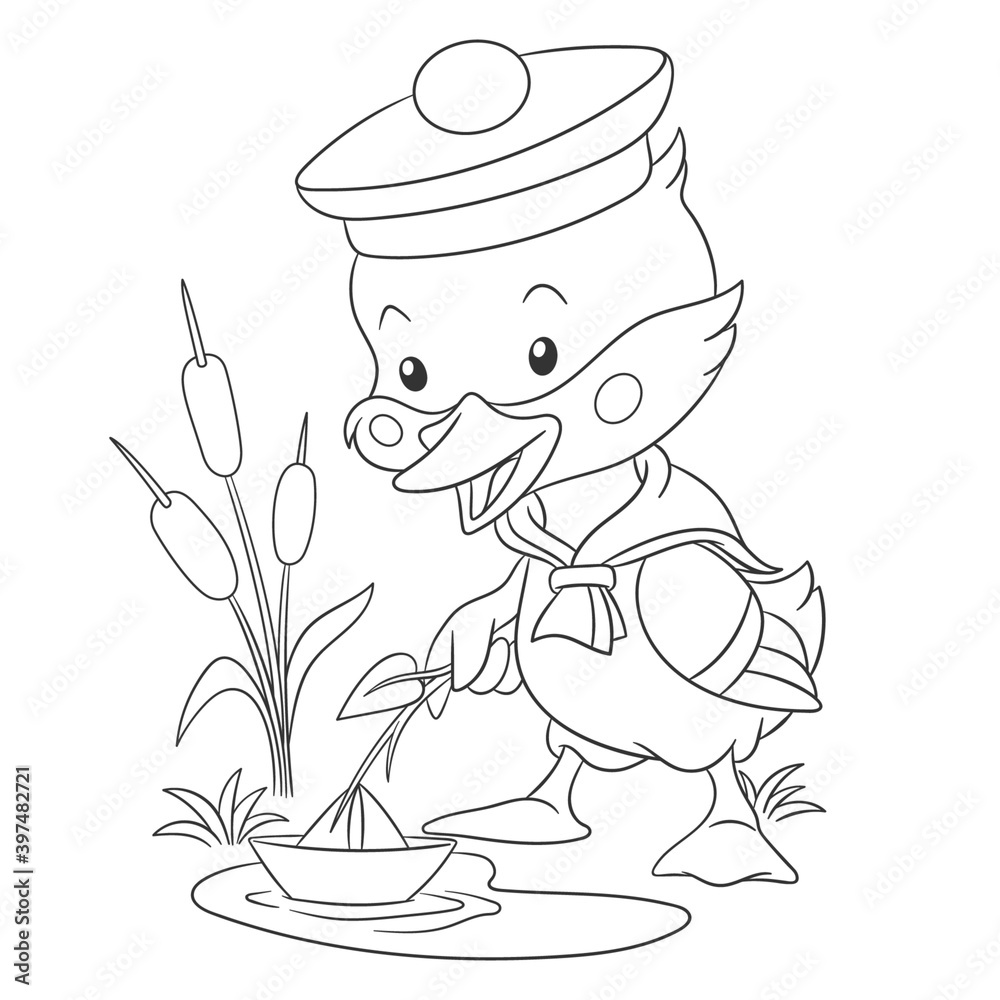 Coloring book page for kids with cute cartoon duck and paper boat ...