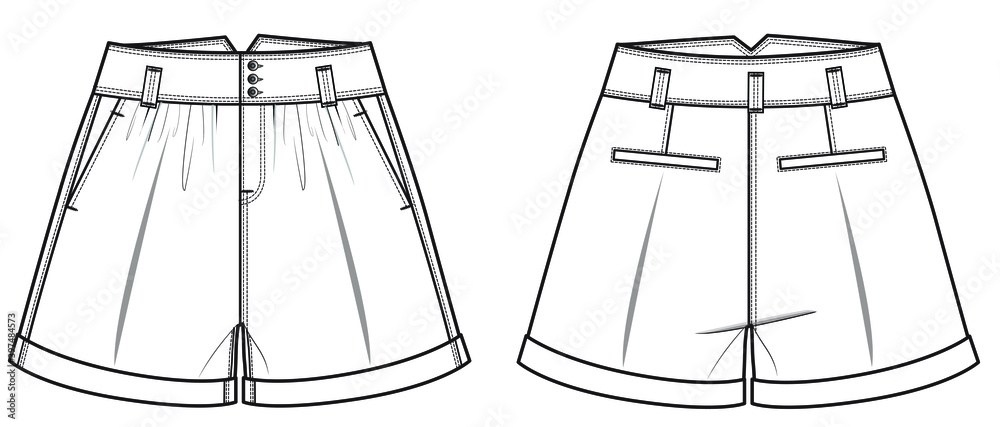 woman fashion design short CAD technical flat drawing illustration ...