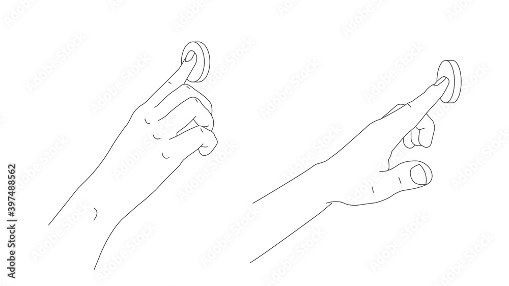 illustration of human index finger pressing round button, line hand ...