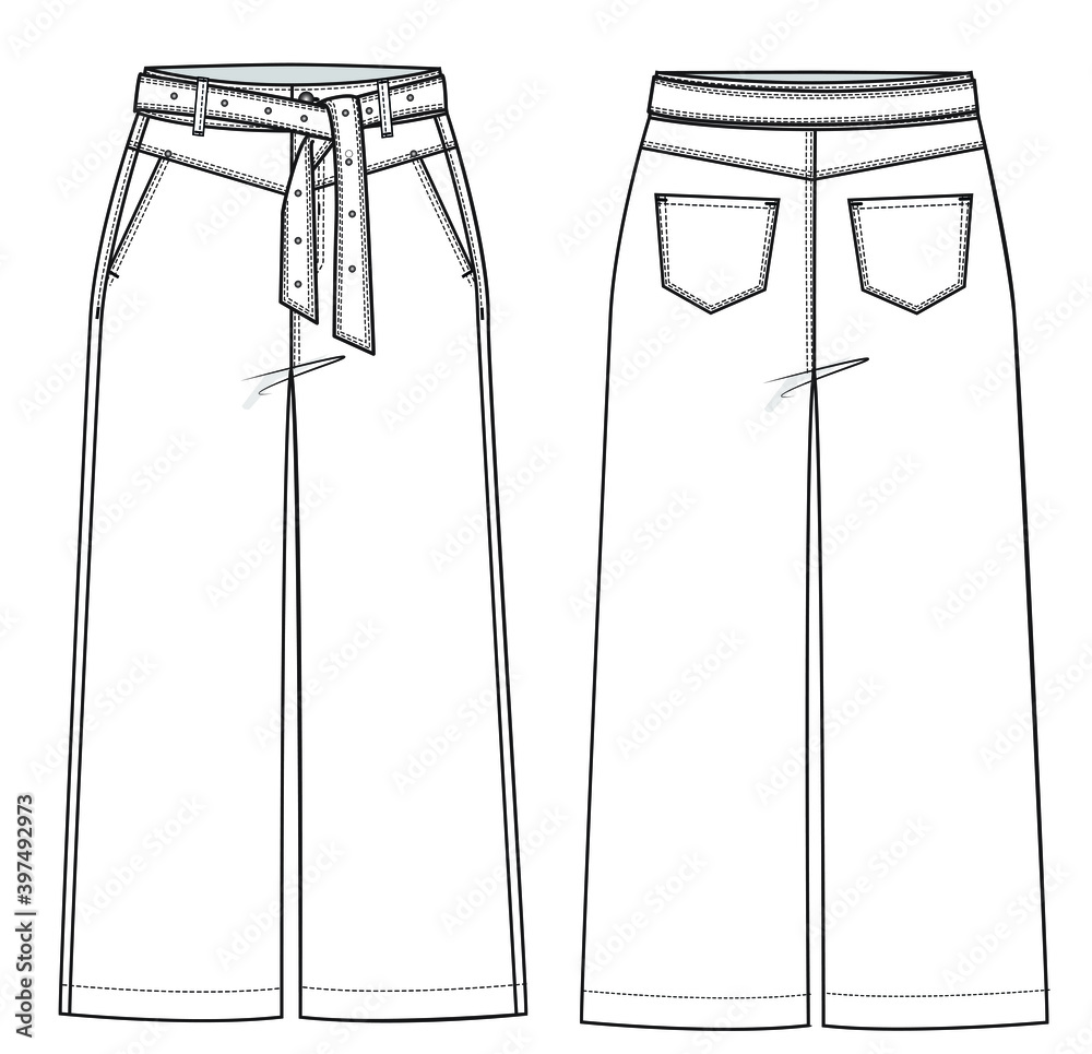 woman fashion design trouser CAD technical flat drawing illustration ...