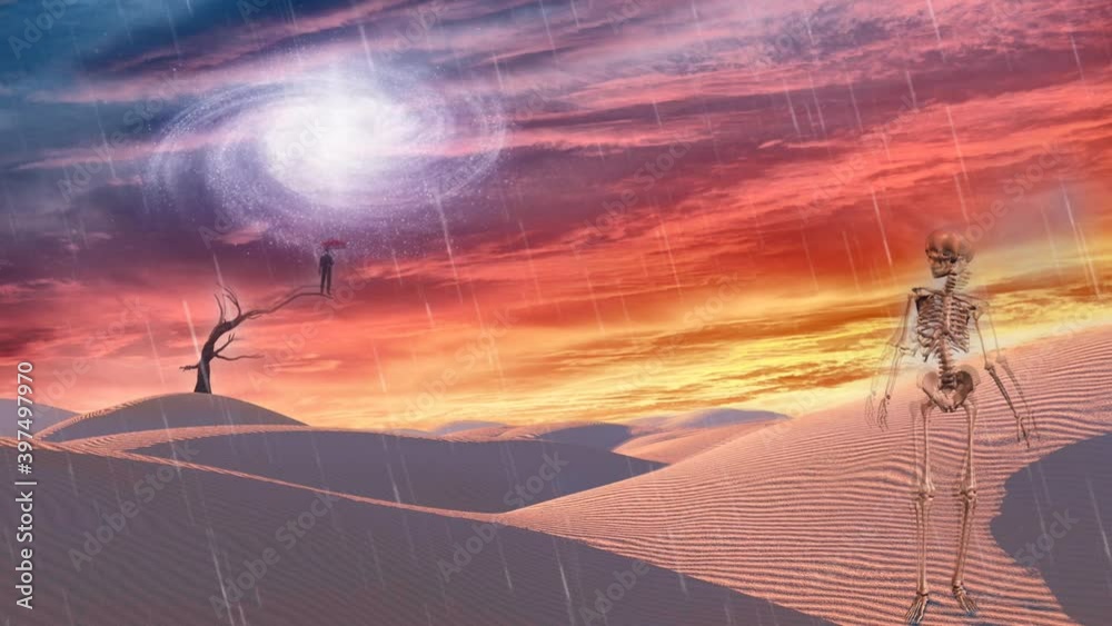 Surreal white desert. Man with red umbrella stands on a dry tree ...