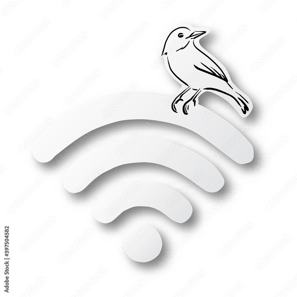 Vector illustration black line hand drawn of bird on wifi sign cut ...