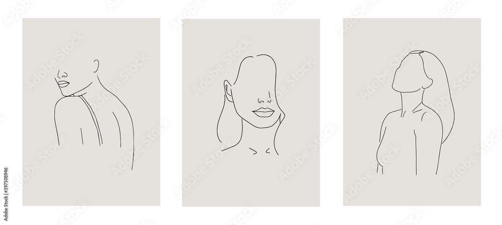 Set of minimalistic female figure. Linear female body. Modern abstract ...