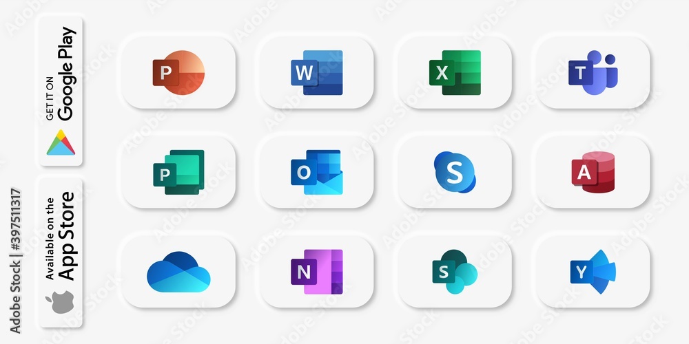 Vector illustration of 3D buttons of Microsoft Office applications ...