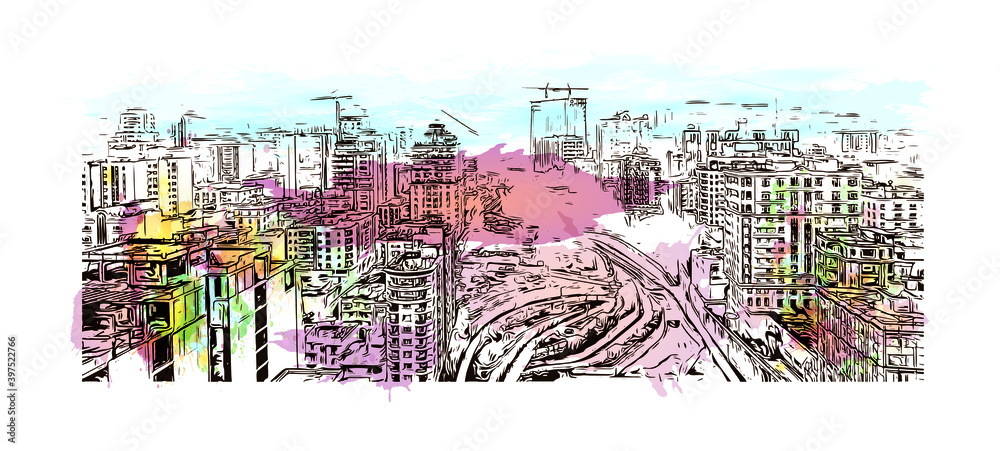 Building view with landmark of Tochal Complex consists of many ...