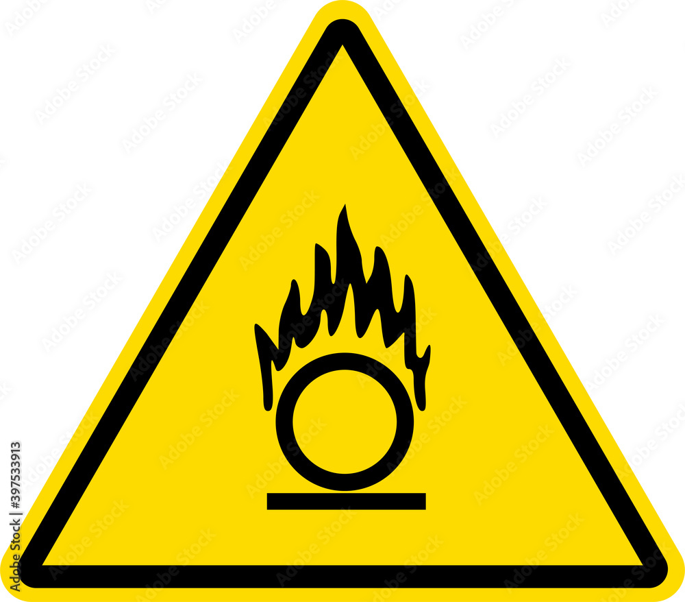 Oxidizing Material warning sign.Yellow triangle background. Safety ...
