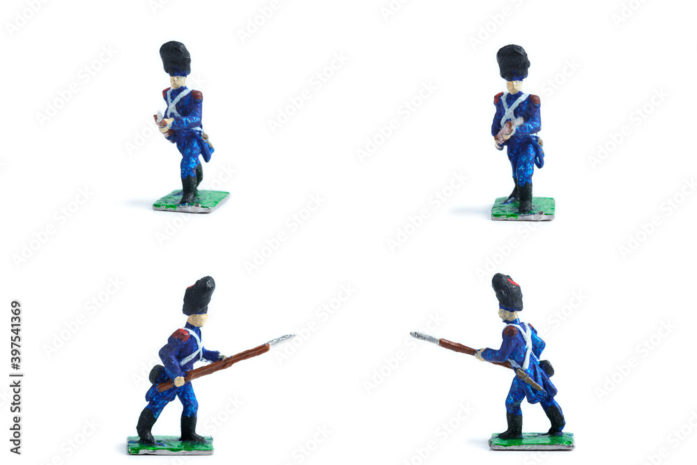 4 in 1 photo of metal soldiers with musket on the white background ...