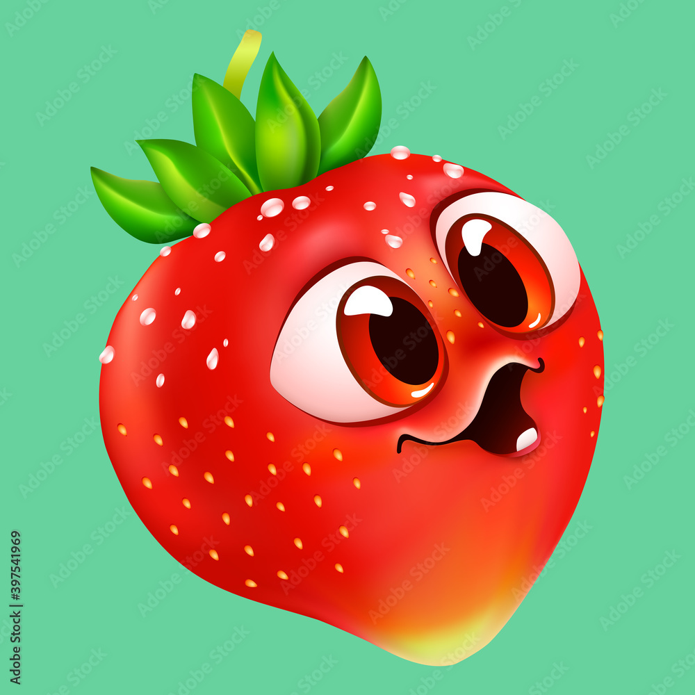 funny cartoon emotional strawberry with big eyes. red berry in water ...