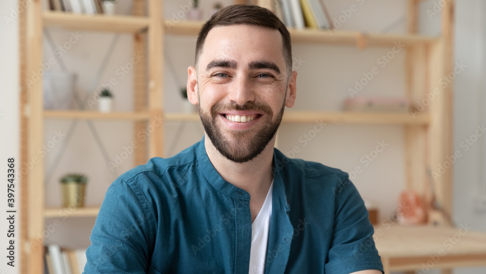 Banner panoramic view of smiling Caucasian male employee have video ...