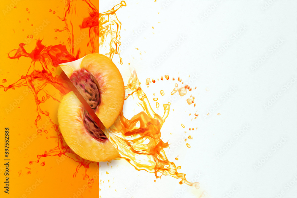 Cut peach fruit in splashes of orange juice top view. Concept for fruit ...