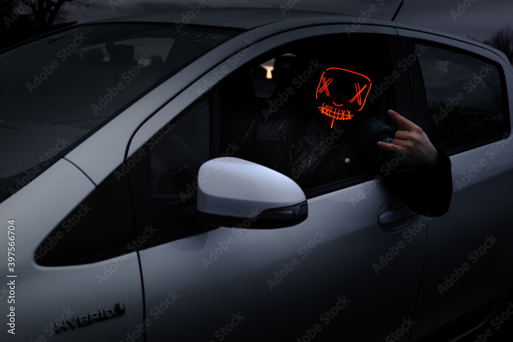 Purge mask, halloween with pumpkin. LED mask, creepy scary man. Corona ...