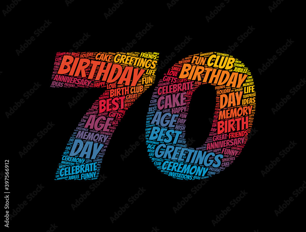 Happy 70th birthday word cloud, holiday concept background Stock ...