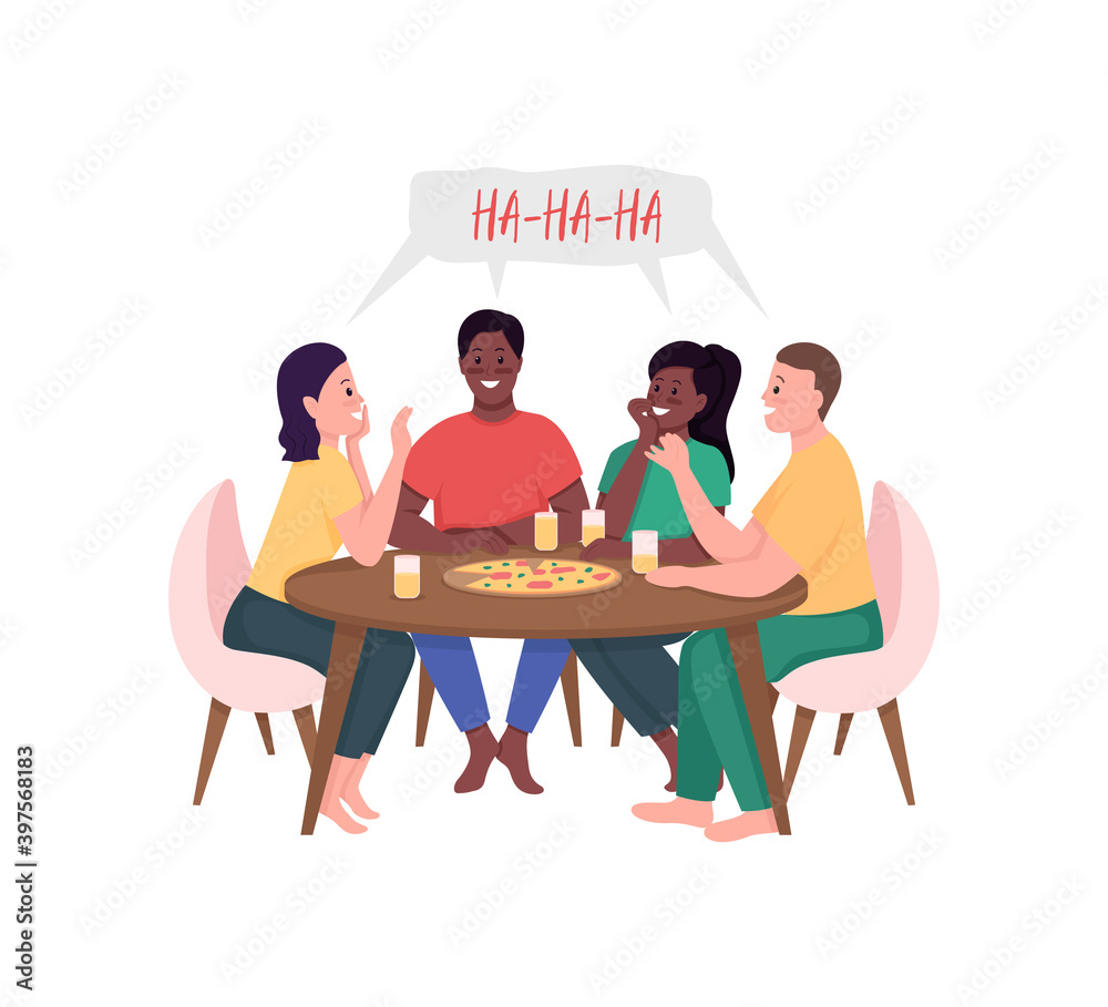 Friends meeting over pizza flat color vector detailed characters ...