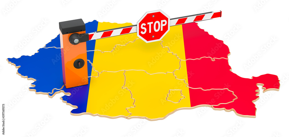 Border close in Romania. Customs and border protection concept. 3D ...