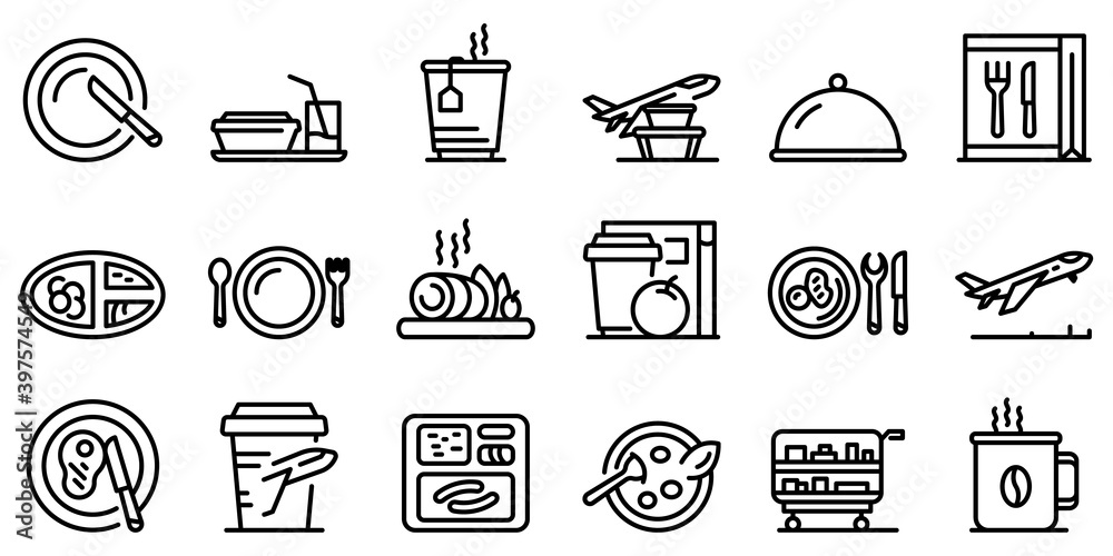 Airline food icons set. Outline set of airline food vector icons for ...