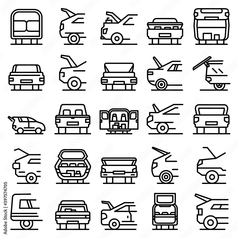 Trunk car icons set. Outline set of trunk car vector icons for web ...