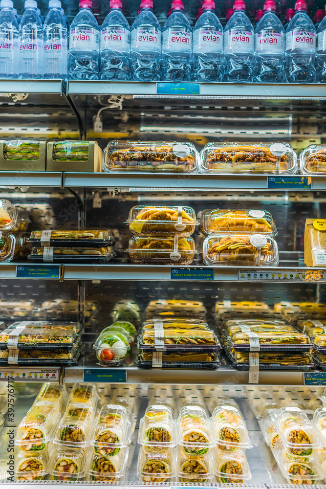 Pre-packaged foods displayed in a commercial refrigerator Stock Photo ...